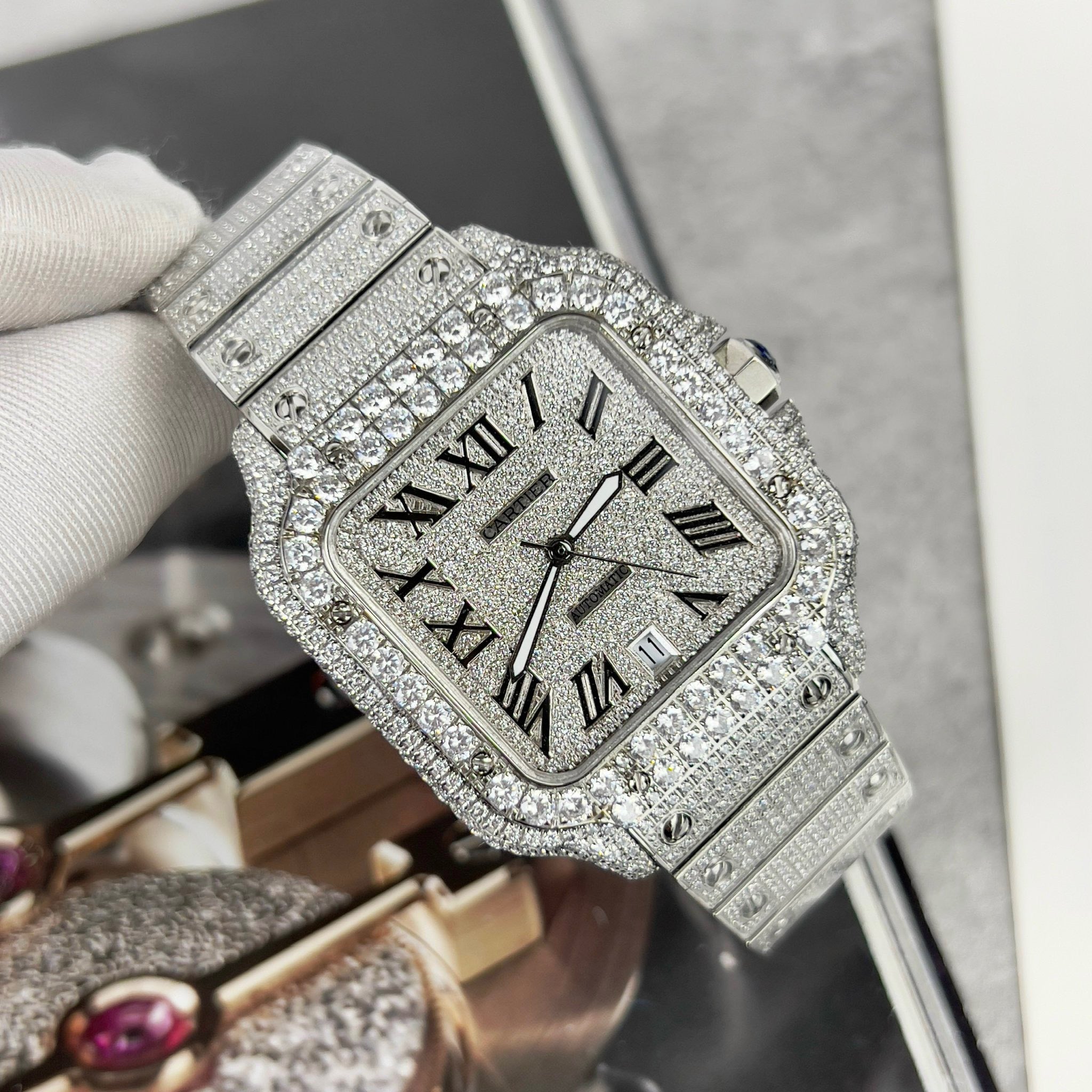 Santos De Cartier 40mm Steel – Custom Pavé Swarovski Stone – EU Replica ...